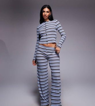 KAIIA Exclusive - Gestreifte Rippstrick-Hose in Blau und Schokobraun mit weitem Schnitt, Kombiteil-Bunt