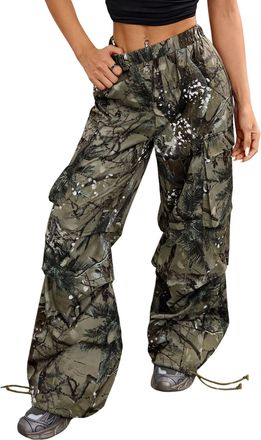 SOLY HUX Damen Cargo Hose Y2K Baggy Freizeithose Weite Cargohose mit Taschen Elastischem Bund Casualhose Sweathose Herbst Streatwear Armeegrün XL