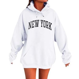 Generic Sweat &agrave; capuche graphique printemps 2026 pour femmes avec cordon de serrage et pull &agrave; manches longues avec poche, blanc, L