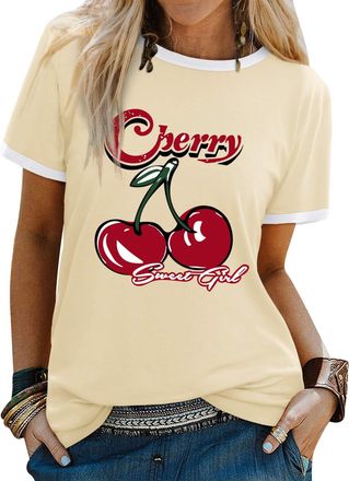 Dresswel Tshirt Damen Sweet Girl Cherry Druck Kurzarm T-Shirt Sommer Oberteile Tops Rundhals Bedruckte L&auml;ssig Tee Shirts