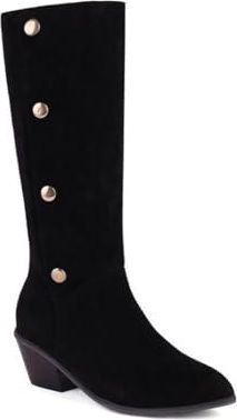 Generic Bottes Femme Mi-Mollet en Daim Bout Pointu Talons Carrés Décor Boutons Semelle Coussinée Chaussures Robe Soirée Décontractée,Noir,42 EU