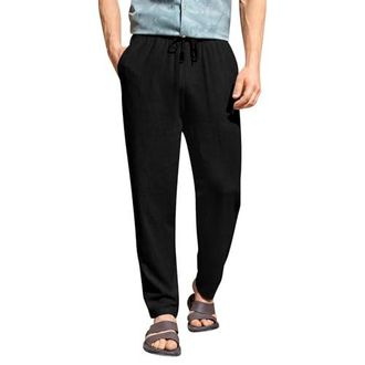 Generic Pantalon en lin l&eacute;ger et long pour homme - Coupe ample - Couleur unie - Pantalon de loisirs - Pantalon de plage - Pantalon d&eacute;t&eacute; en mousseline - Pantal