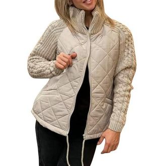 Generic Veste bouffante en tricot patchwork pour femme - Fermeture &eacute;clair - Manches longues - Chaud - Col matelass&eacute;, kaki, XXL