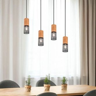 Trio Suspension Tosh Noir 4xE27 Bois Et M&eacute;tal Cage L65 cm Lighting