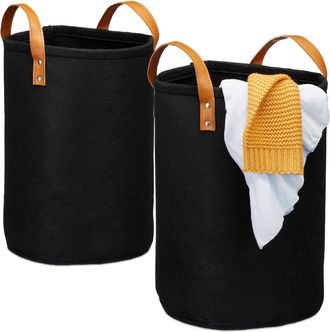 Relaxdays Wäschekorb, 28 l, faltbar, Filz, Kunstleder-Griffe, Wäschesammler Bad & Schlafzimmer, HxD: 47x30 cm, schwarz