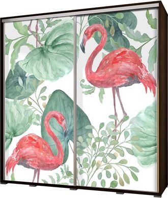 Selsey Flamingos - Kleiderschrank 2-t&uuml;rig Schiebet&uuml;ren mit Monstera-Flamingo-Motiv 205cm (Korpus in dunkler Holzoptik/Wenge matt)