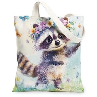 Generic Sac fourre-tout en toile de raton laveur printanier pour faire du shopping, 33 x 38,1 cm, sac d&eacute;picerie r&eacute;utilisable pour femme, motif animal de voyag