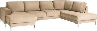 Fredriks home24 Wohnlandschaft Webstoff Beige Samt Vaia 301 x 82 x 200cm Longchair davorstehend links / Ottomane rechts Modern