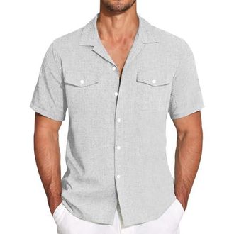 Generic Chemise &agrave; manches courtes en lin pour homme - S&eacute;chage rapide - Coupe droite - Col en V - Avec poche de poitrine - En mousseline, Blanc., 4XL