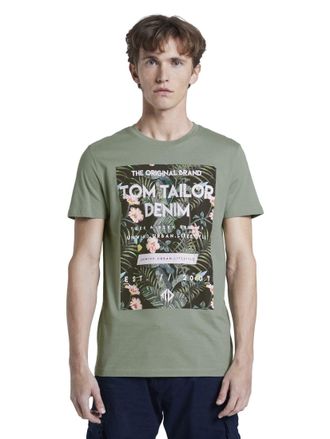 Tom Tailor Herren T-Shirt mit tropischem Brustprint 1018569, 11557 - Dusty Leave Green, M