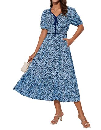 Grace Karin Damen Vintage Midi Blumenkleid Kurzarm V-Ausschnitt Sommerkleid A Linien Hochzeitsgast Kleid Damenkleidung Blau Blumen L