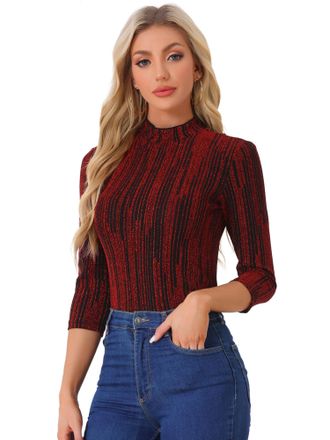Allegra K Damen Glitzer Shirt Langarm Stehkragen Metallic Streifen Pailletten Pullover Oberteile Bluse Rot XL