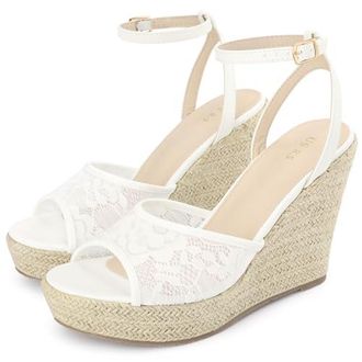 Allegra K Sandales &agrave; talons compens&eacute;s en dentelle avec sangle de cheville pour femme, blanc, 37.5 EU