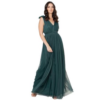 Maya Damen Maya Deluxe Womens Maxi With Ruffle V Neck Sleeveless High Empire Waist Long Prom Guest Weddi Bridesmaid Dress, Emerald Green, 50 EU