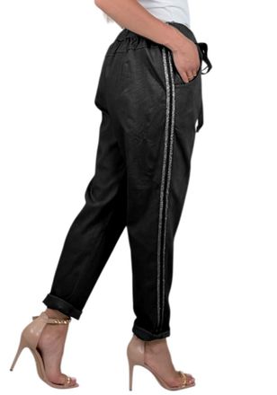Mississhop 348 Damen Hose Freizeithose Baumwollhose Baumwolle mit Seitlichen Silberstreifen Glitzerstreifen Schwarz