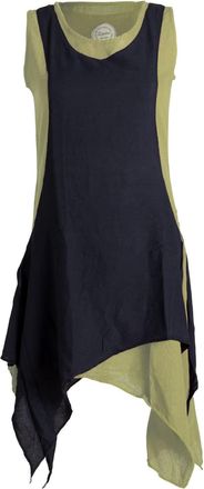 vishes Alternative Bekleidung - &Auml;rmelloses Zipfeliges Lagenlook Kleid/Tunika aus handgewebter Baumwolle Olive-schwarz 40
