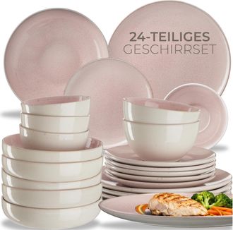 TecTake 24-teiliges Tafelservice 6 Personen, Steingut Geschirrset 6 Personen, handgefertigtes Teller Set mit Sch&uuml;sseln, Geschirr Set sp&uuml;lmaschinen- und mikrow