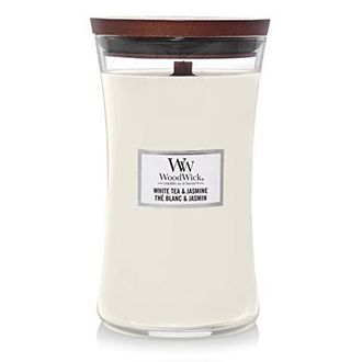 Woodwick grande bougie parfumée en jarre avec mèche qui crépite, Thé blanc & Jasmin, Temps de combustion jusquà 130 heures