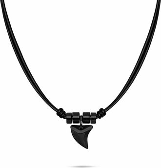 s.Oliver Herren Necklace - Halskette aus Echtleder mit Haifischzahn-Anh&auml;nger - IP Schwarz - Ankerkette verstellbar bis 50 cm - wasserfest & hautfreundlich