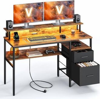 Vasagle Bureau Gaming, avec Tiroirs en Tissu, Table Informatique avec Support dÉcran, Lumières LED, 55 x 135 x 90 cm, Multiprise, 2 Ports USB, pour Bureau à D