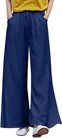 Generic Pantalon &Eacute;t&eacute; Femme en Lin Fluide Large Elegant Pantalon Respirant &Eacute;lastique De Poche Ample en Coton et Lin Femme Vetement Large Fluide Pantacourts (Bl
