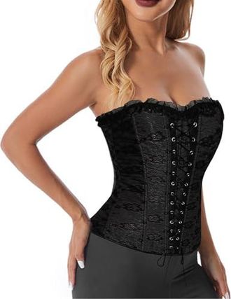 Generic Corset pour femme tendance en denim floral sur la poitrine Corset Bustier Top Bordure en dentelle Serre-taille V&ecirc;tements dext&eacute;rieur Costumes de carnav