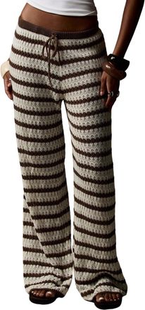 SOLY HUX Damen Streifen Hose Elegant Strickhose Elastisch Palazzo Hose mit Kordelzug Geh&auml;kelte Freizeithose Herbst Causalhose Braun S