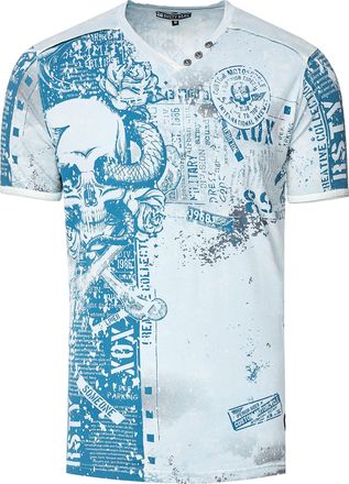 Rusty Neal Herren T-Shirt All Over Skull X Snake X Rose Print Wildleder-Band Knopf-Verzierung V-Neck Stretch Streetwear Used-Look Shirt 293, Farbe:Hell Blau, Gr&ouml;