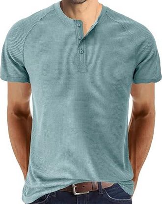 Generic T-shirt &agrave; motif gaufr&eacute; pour homme - L&eacute;ger - Col rond - Manches longues - T-shirt basique en coton &agrave; manches courtes - Bouton - Pour homme - Chemise He