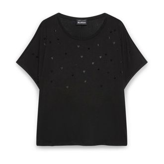 Fiorella Rubino T-shirt en jersey avec petits coeurs en strass et perles - Femme - Tops - Noir - Taille: 40/42 FR