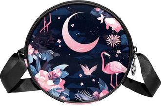 Generic Sac &agrave; bandouli&egrave;re rond pour femme, motif flamants roses, petit sac &agrave; bandouli&egrave;re avec fermeture &eacute;clair, bretelles r&eacute;glables, sac &agrave; main rond d&eacute;contrac