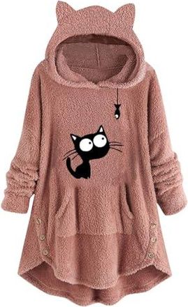 Generic Sweat en Polaire Femme Oreilles De Chat Sweat-Shirt Capuche Imprim&eacute;S Mignon Pullover Oversize Chaude Confortable Portable Couverture Sweatshirt pour L