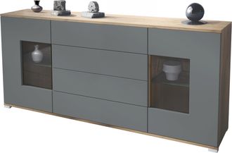 Vladon Sideboard Grömitz V2, Kommode mit 2 großen Türen und 4 Schubladen, Eiche Evoke/Graphit Seidenmatt (166,5 x 75,5 x 35)