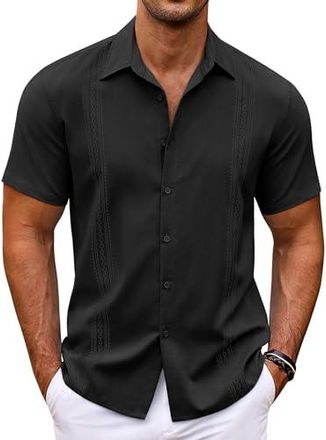 Coofandy Chemise à manches courtes Guayabera pour homme - Style cubain - Pour lété et les vacances, Noir, L