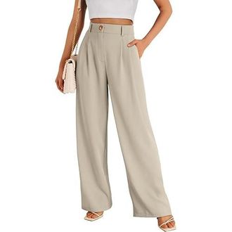 Generic Pantalon habill&eacute; &agrave; jambe large pour femme - Taille haute - Pantalon d&eacute;contract&eacute; avec poches - Pantalon habill&eacute;, kaki clair, XS