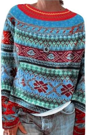 Generic Pull Norv&eacute;gien Femme Grande Taille, Pull Femme Hiver Norv&eacute;gien, Chaud Pullover Col Rond pour Femme Mohair, Pull Jacquard sans Capuche, Sweater Oversiz