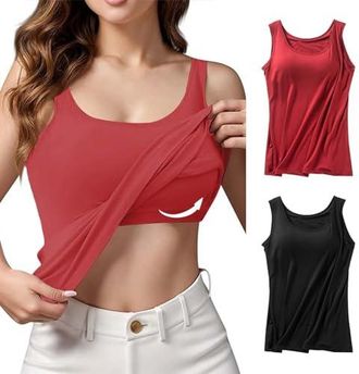 Generic HUIFUAO Lot de 2 débardeurs camisole avec soutien-gorge intégré en coton blanc pour femme été basique débardeur noir pour femme, Z1 Rouge + Noir, 4XL