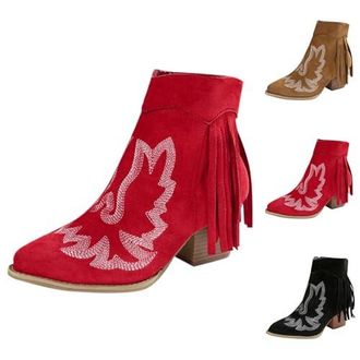 Generic Bottines à franges pour femme, bottes de cowgirl de style occidental avec pompons, bottes brodées polyvalentes et tendance, chaussures courtes confort
