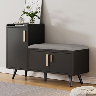 Merax Schuhschrank mit Sitzbank, Schuhbank mit Sitzfl&auml;che, 3 Stauraumt&uuml;ren, asymmetrische Metallgriffen, Schwarz, B100/T34/H69 cm