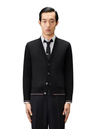 Thom Browne Mens V-Neck Cardigan Merino Wool Black Sweater