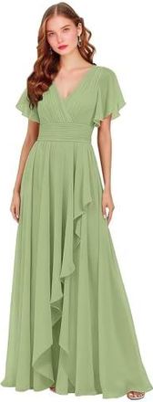 Generic Robe de demoiselle dhonneur en mousseline de soie &agrave; col en V pour femme, robe de soir&eacute;e formelle &agrave; manches flottantes avec fente, vert sauge, 52 Grand