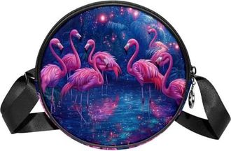 Generic Petit sac &agrave; bandouli&egrave;re circulaire pour femme, motif flamant rose de la for&ecirc;t tropicale, petit sac &agrave; dos &agrave; bandouli&egrave;re avec fermeture &eacute;clair, bretelle