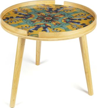Excelsa Living Runder Beistelltisch aus Bambus mit Glasplatte, verschiedene Dekorationen, Durchmesser 48 cm, Höhe 44 cm (Trinacria)