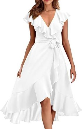Generic Robe portefeuille pour femme avec col en V, manches courtes, volants et lacets, blanc, M