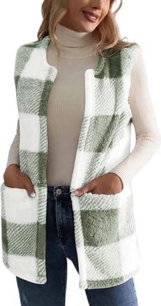 Generic Vestes pour femmes 2026 &agrave; imprim&eacute; &eacute;cossais r&eacute;versible en polaire ouverte sur le devant, sans manches, manteau d&eacute;contract&eacute; pour usage quotidien, Vert, 