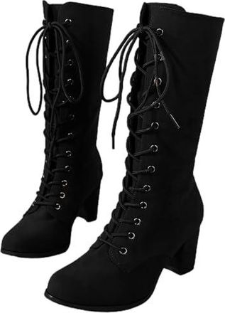 E.SSUE Bottes Hautes Au Genou Femme Longue Sexy Mode Chaussures Talons Hiver Chaud Boots ans Lacet Bottes DHiver Talon Haut Bottes de moto Cavali&egrave;Res Chaussu