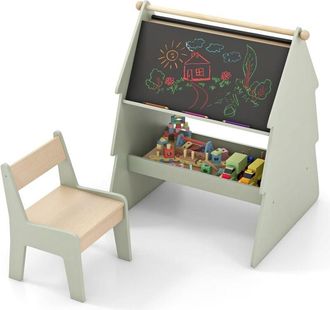 Costway Costway - Tableau Enfant Double Face avec Chaise & Forme dArbre, Chevalet Enfant en Bois avec Plateau de Rangement & Support Supérieur, Charge