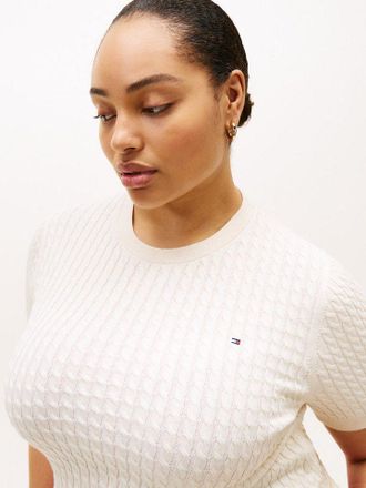 Tommy Hilfiger Rundhalspullover CRV CO CABLE FINE GG CNK S/S SWT in gro&szlig;en Gr&ouml;&szlig;en, mit Zopfmuster