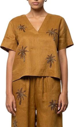 Kaos Kaos, Femme, Blouses et Chemises, Brun, Taille: 36 FR Blouse en lin &agrave; col en V