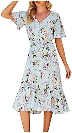 Generic Robe boh&egrave;me 2026 pour femme avec col en A, imprim&eacute; boh&egrave;me, courte, motif floral, d&eacute;contract&eacute;, manches rondes, bleu clair, XXL